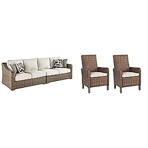 Signature Design by Ashley Beachcroft Outdoor Left & Right Arm Facing Wicker Patio Loveseats, Brown & Beige & Beachcroft Wicker Arm Chair with Cushion, 2 Count, Brown