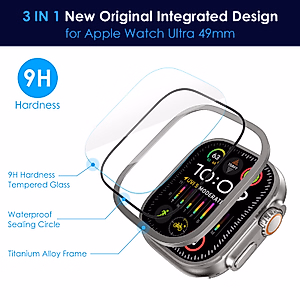 WINGLE 2-Pack for Apple Watch Ultra Screen Protector 49mm Case, 9H Tempered Glass + Titanium Alloy Frame [Keep Original] [Sensitive Touch] Protective Glass Film for iWatch Ultra,Original + Orange