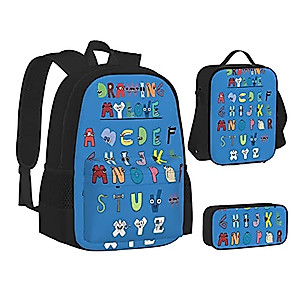 ILVTYAN Alphabet Lore 3 Piece Backpack Set, Cartoon Alphabet Backpack Pencil Case Lunch Bag Casual Backpack Combo Unisex