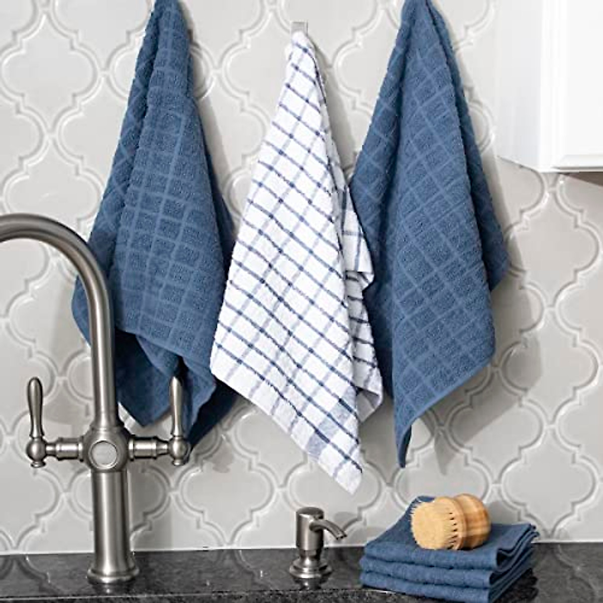 Ritz Premium Kitchen Towel and Dish Cloth Value Set (6-Pack), Highly Absorbent, Super Soft, Long-Lasting, 100% Cotton Checked and Solid Hand Towels, Tea Towels, Bar Towels, Federal Blue