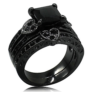 Jude Jewelers Black Rhodium Plated Princess Cut Heart Shape Wedding Engagement Bridal Ring Set (Black, 7)