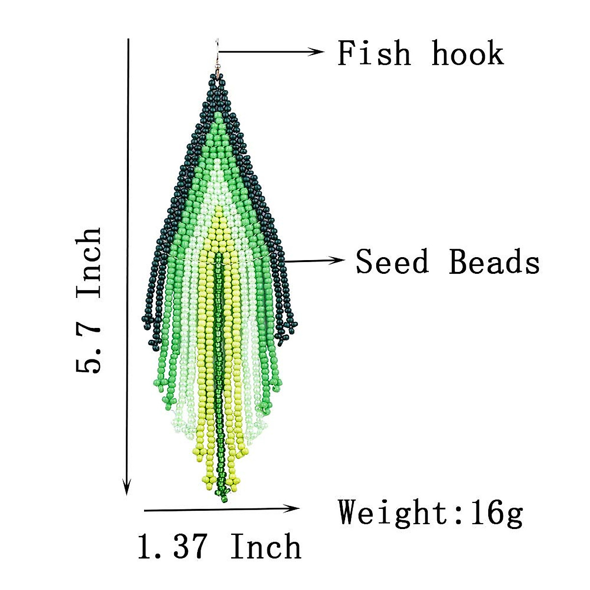 Luluping Long Beaded Dangle Earrings – Boho Native Handmade Seed Bead Tassel Earrings for Women, Bohemian Large Statement Beaded Drop Fringe Earrings (Green Beaded Earrings B)