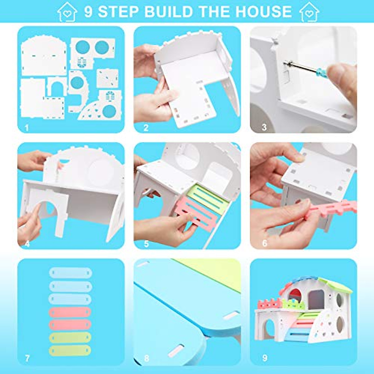 Syrian Hamster Toys Set, Improved Version 8.7 IN Large Hamster House, Wooden Gerbil Hideout, Small Animals Seesaw, Guinea Pig Sport Exercise Toys, Rainbow Bridge, Swing, Dwarf Hamster Cage Accessories