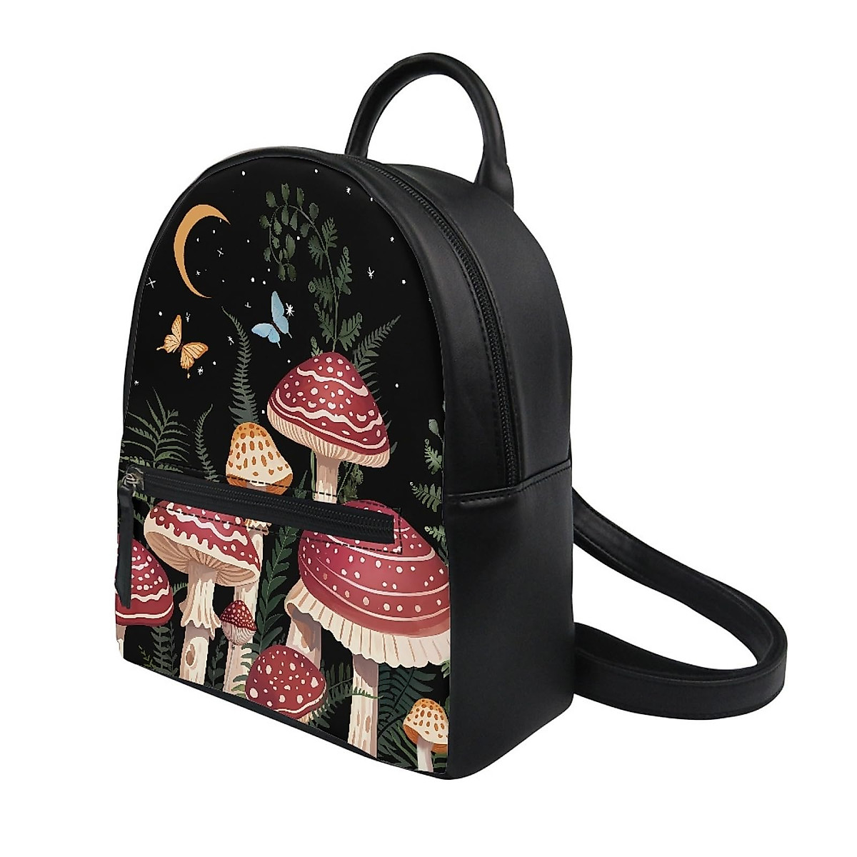 Showudesigns Mushroom Mini Backpack Purse for Women Teen Girls Shoulder Bag Butterfly Moon Night Daypack Small Travel Shopping Bag Handbag Tote Black