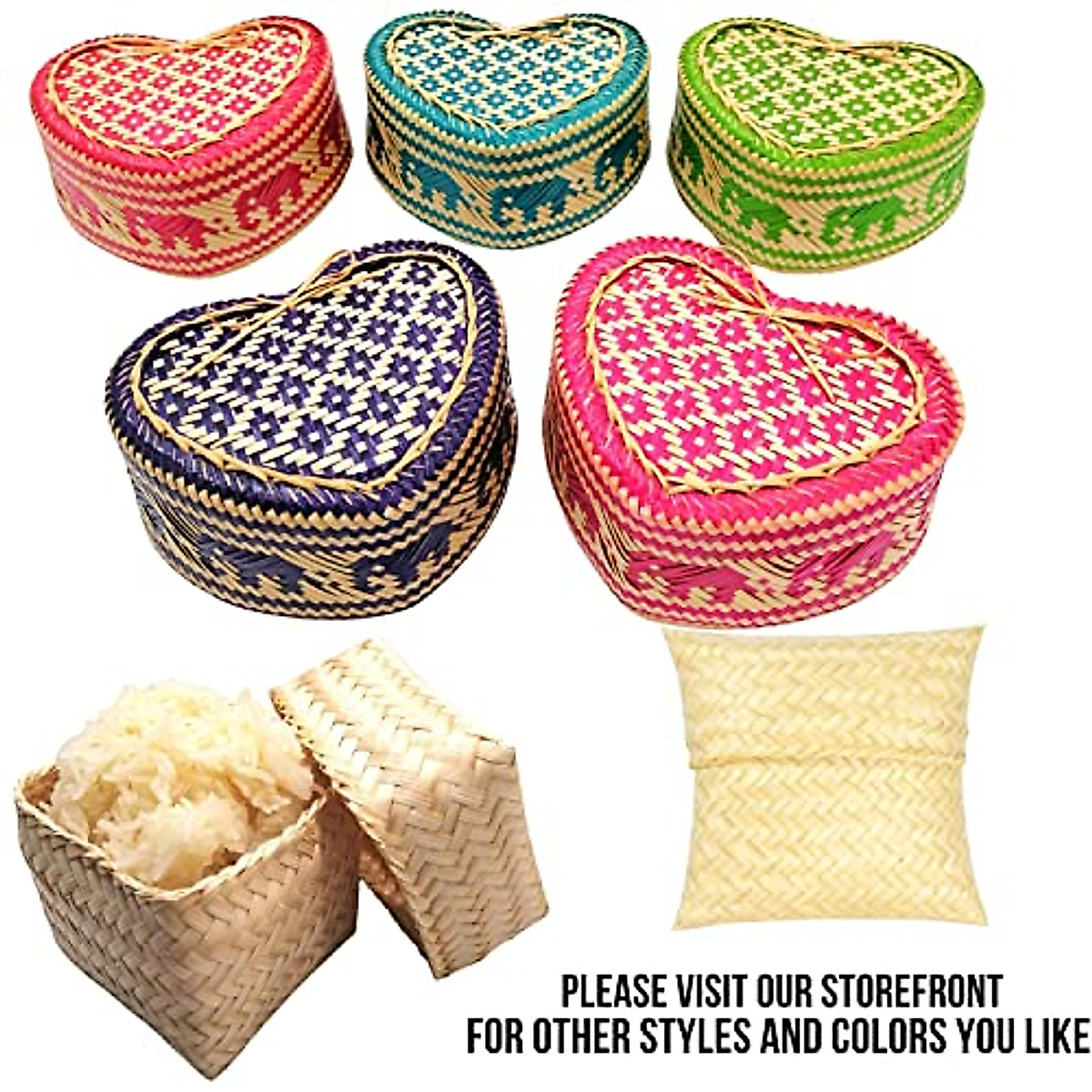 Bamboo Sticky Rice Serving Basket 6.2 x 5.2 Inch, Kratip, Intricately Woven Container, Heart-Shaped, Elephant Weave Pattern, Blue, Thailand Handmade, Dyed with Natural Based (American Flag)