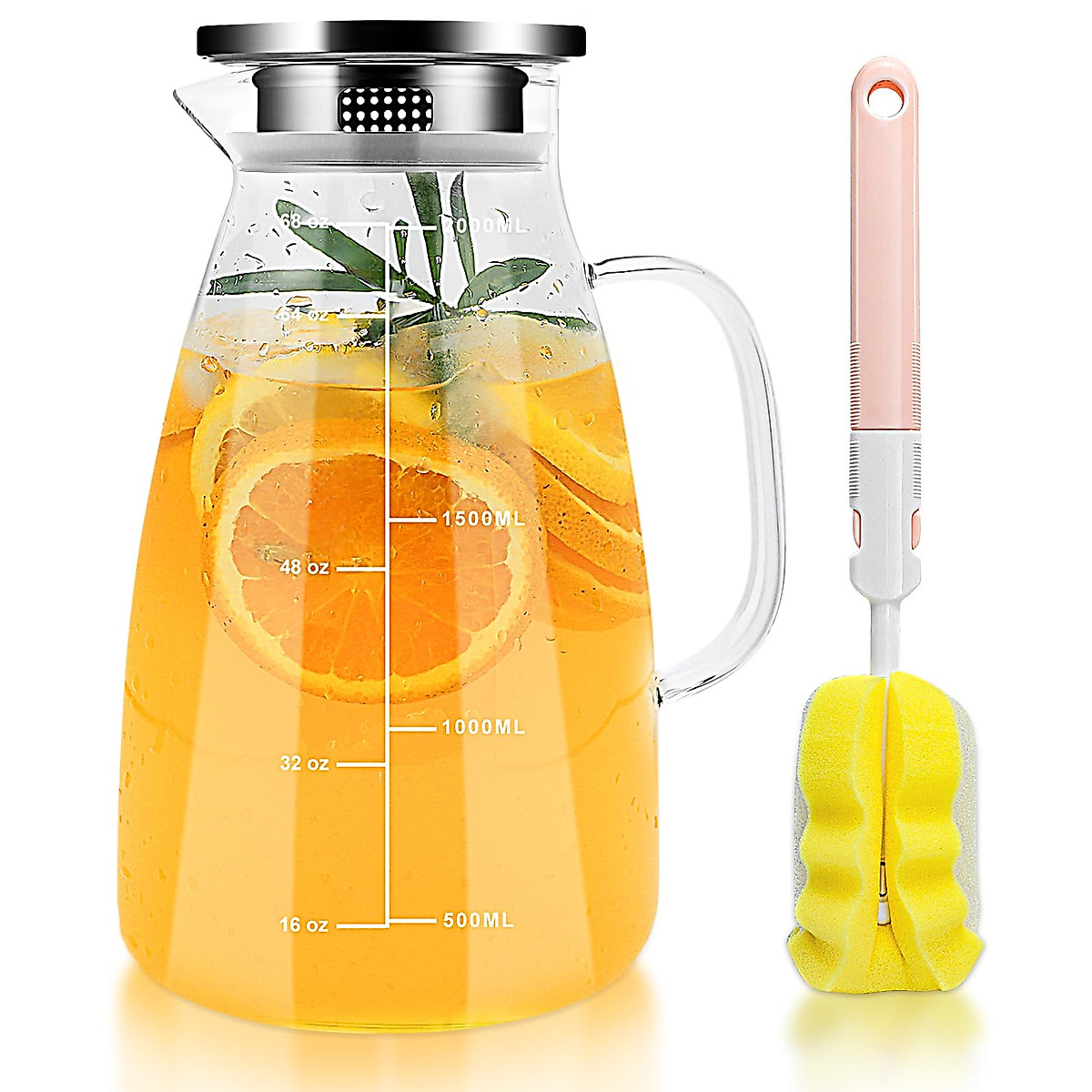 Glass Pitcher with Lid and Handle,68 OZ Glass Water Jug with Spout for Cold&Hot Drinks - Heat Resistant Borosilicate Crystal Clear Glass Carafe for Sangria, Coffee, Brewed Tea, Juice, and Beverage