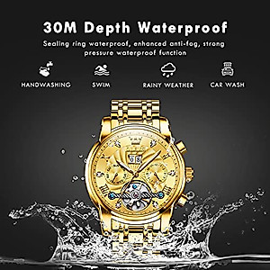 OLEVS Mens Automatic Mechanical Watch Gold Stainless Steel Skeleton Tourbillon Self Winding Luxury Business Dress Date Diamond Wrist Watches Waterproof Luminous