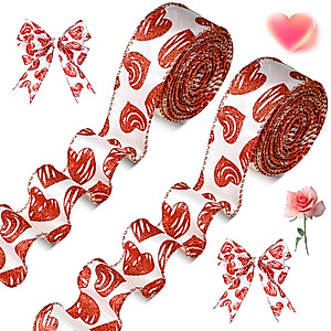 2 Roll 20 Yards Valentine Wired Ribbon Valentines Ribbons Valentines Day Glitter Love Heart Pattern Satin Fabric Ribbons for Valentine Gift Wrap DIY Crafts Wedding Birthday Party Decoration 1.5 Inch