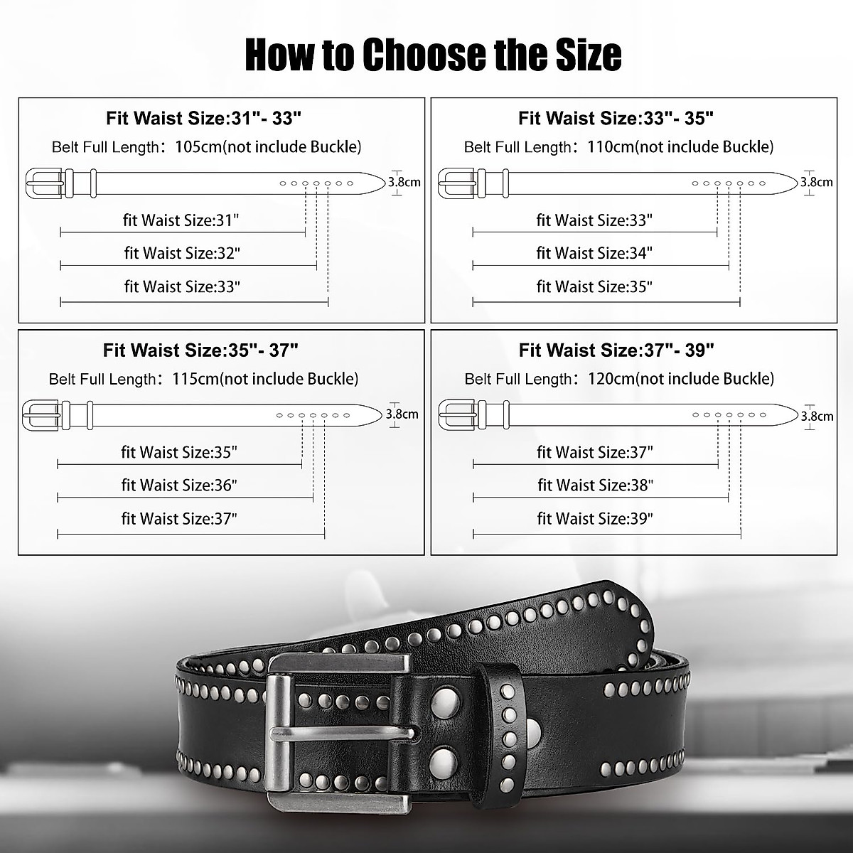 FIORETTO Mens Studded Genuine Leather Belts For Jeans Vintage Retro Circle Rivets Belt With Buckle Black