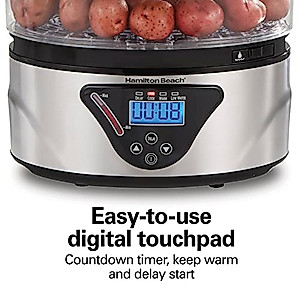 Hamilton Beach Digital Electric Food Steamer & Rice Cooker for Quick, Healthy Cooking with Stackable Three-Tier Bowls for Vegetables and Seafood, 8.25 Quart, Black & Stainless Steel