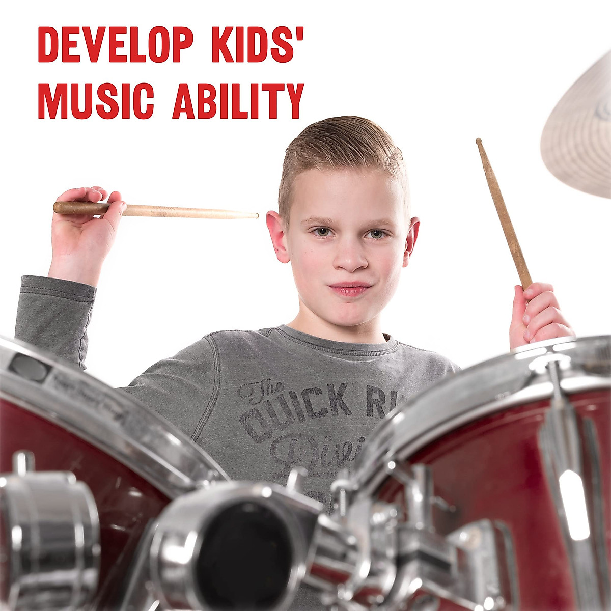 AW Drum Set with 3 Piece Drums Bass Tom Hi-Hat 4pcs Drumsticks Seat Cymbal Throne Stool Kids Musical Instruments Kit Red