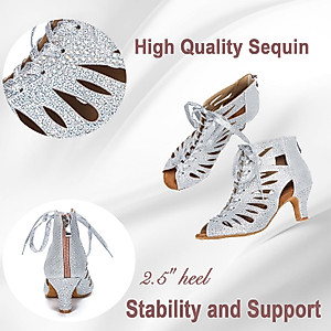 LuiXiu Ballroom Dance Shoes for Social Dancer Beginner 2.5 Inches Lace-Up Latin Swing Practice Dancing Sandals LX04(6,Silver-2.5 Inch Heel)