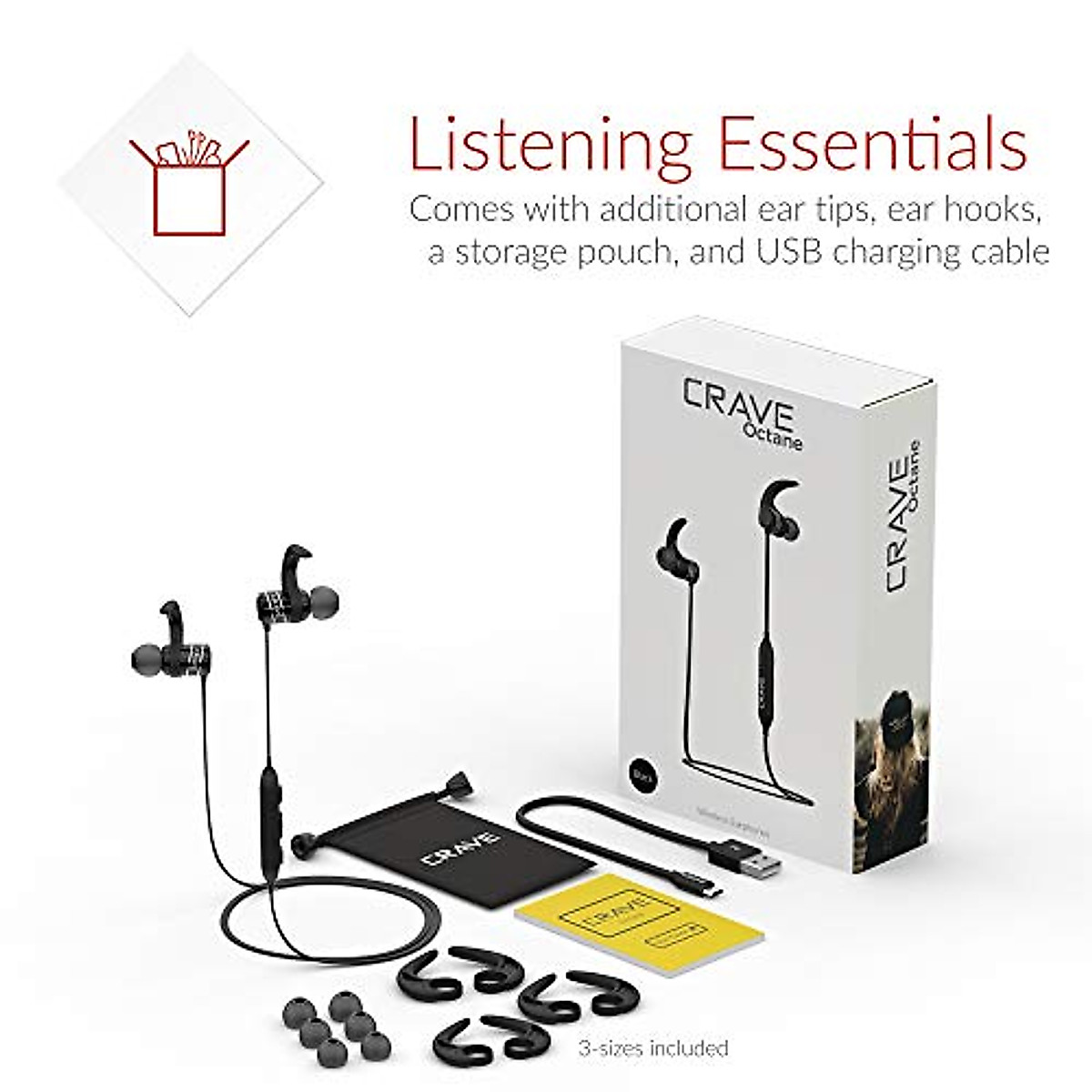 Crave Octane Wireless Bluetooth Earphones, in-Ear Sweat and Water Resistant Stereo Headphones Earbuds with 8 Hour Battery, Magnetic Ends, Built-in Mic - Black