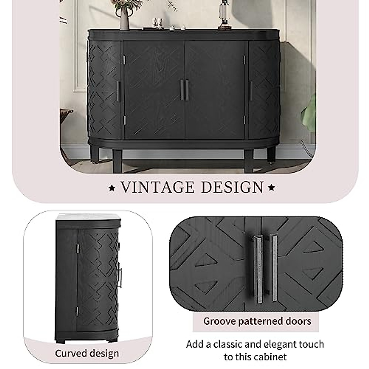 SZUBEE Antique Pattern Accent Storage Cabinet with Wooden Sideboard-Ideal for Hallway, Entryway, Living Room, Bedroom, Black