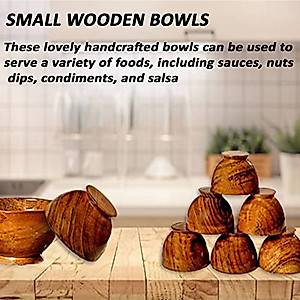 Wooden Small Bowls - 100% Natural Food Grade Acacia Wooden Serving Bowls for Condiments, Dip Sauce, Ketchup, Jam, Nuts, Rice, Soup, Prep, Olive - Round Wooden Brown Bowl (Set of 6)