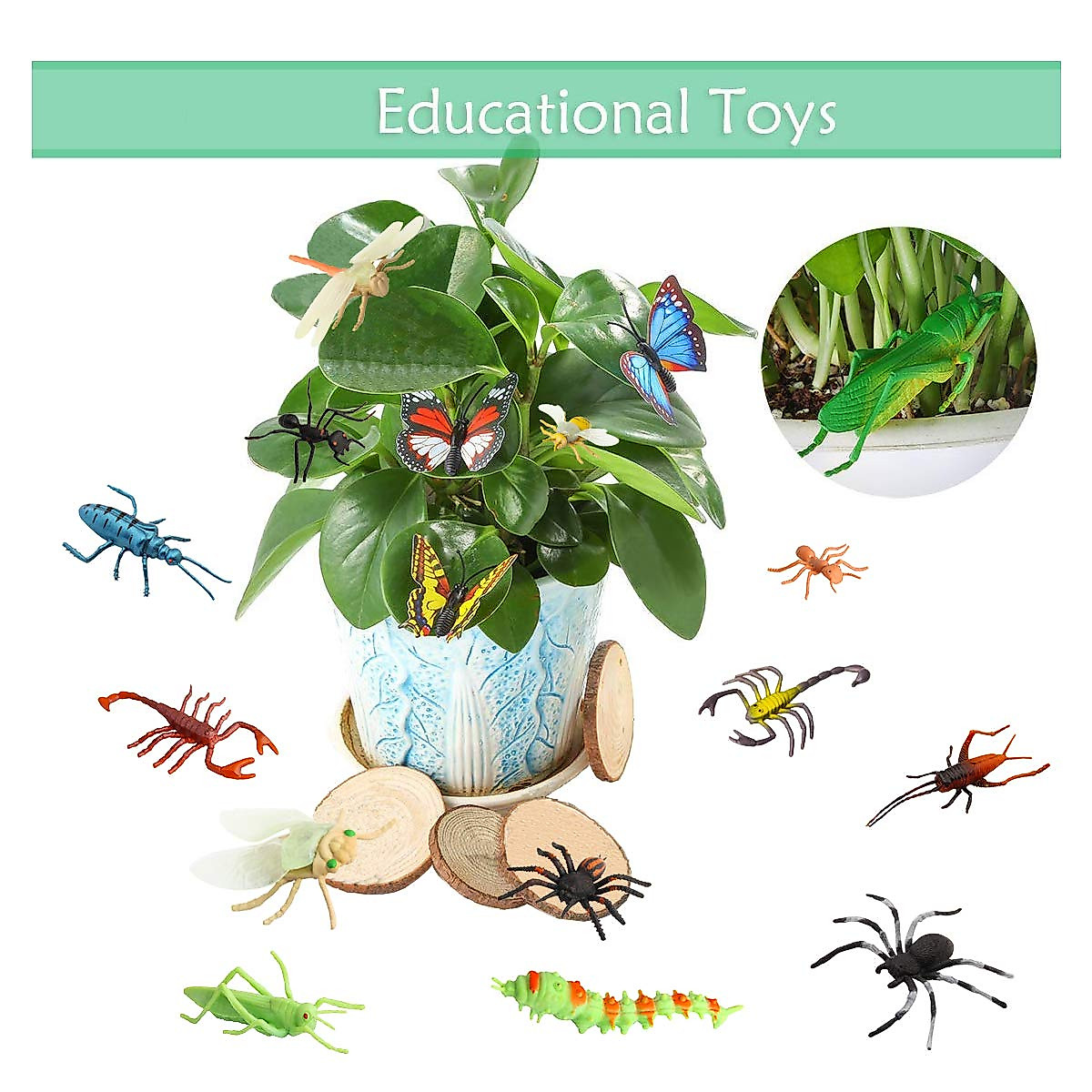 PINOWU 27pcs Bug Toy Figures Playset for Kids Boys, 2-6” Fake Bug Insects - Fake Spiders, Cockroaches, Scorpions, Crickets, Lady Bugs, Butterflies and Worms for Education and Christmas Party Favors