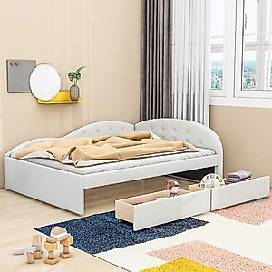 Full Size Upholstered Daybed with 2 Drawers and Cloud Shaped Guardrail, PU Upholstered Tufted Platform Bed with Wooden Slat Support for Bedroom Living Room, Easy Assembly (White + Upholstered-V23)