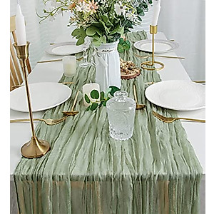 FEXIA Sage Green Cheesecloth Table Runner 35x120 Inches for Baby Shower Decoration Gauze Rustic Table Runner for Wedding Party First Communion Centerpiece Engagement Bridal Shower Boho Decoration