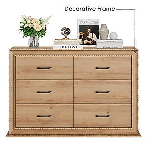 HIFIT 6 Drawer Double Dresser, 47.2" Wide Chest of 6 Drawers, Wooden Farmhouse Dressers for TV Stand, Storage Organizer Cabinet for Living Room, Hallway, Entryway, Oak, 47.2" Wx17.3 Dx32 H