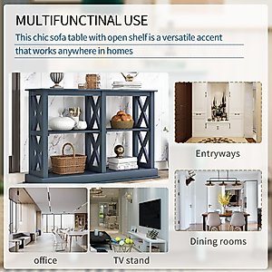 LUMISOL Narrow Industrial Console Table with 3 Tier Shelves, Entryway Table with X-Shape-Design Bookshelf, Sofa Table with Storage for Entryway, Navy Blue