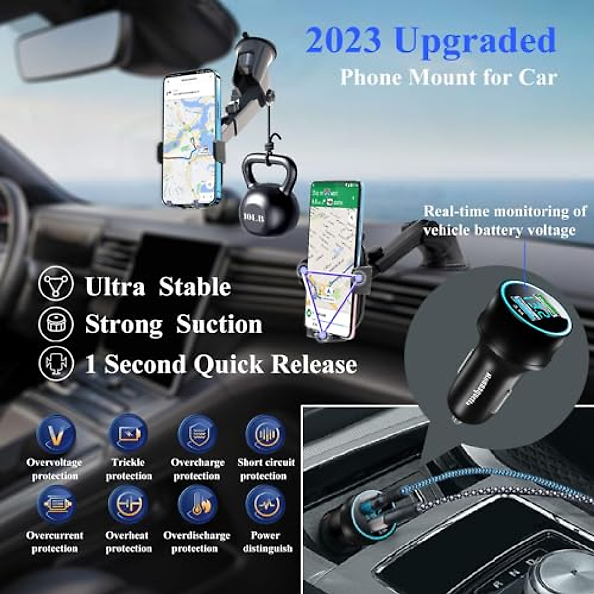 Ronnaquetta Phone Holder Car 1S Quick Release, Car Charger Voltage Display Car Phone Holder Adjustable 360 Rotation Phone Mount Cell Phone Car Mount be Applied to Dashboard or Windshield