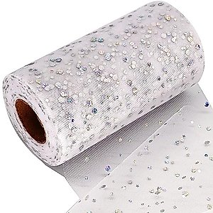 Glitter Tulle Fabric Rolls 6 Inch 50 Yards (150ft) Sparkling Ribbon Sequin Polka Dots Netting Spool for DIY Tutu Skirt Wedding Baby Shower Bow Easter Party Decoration Crafts, 21 Colors, White