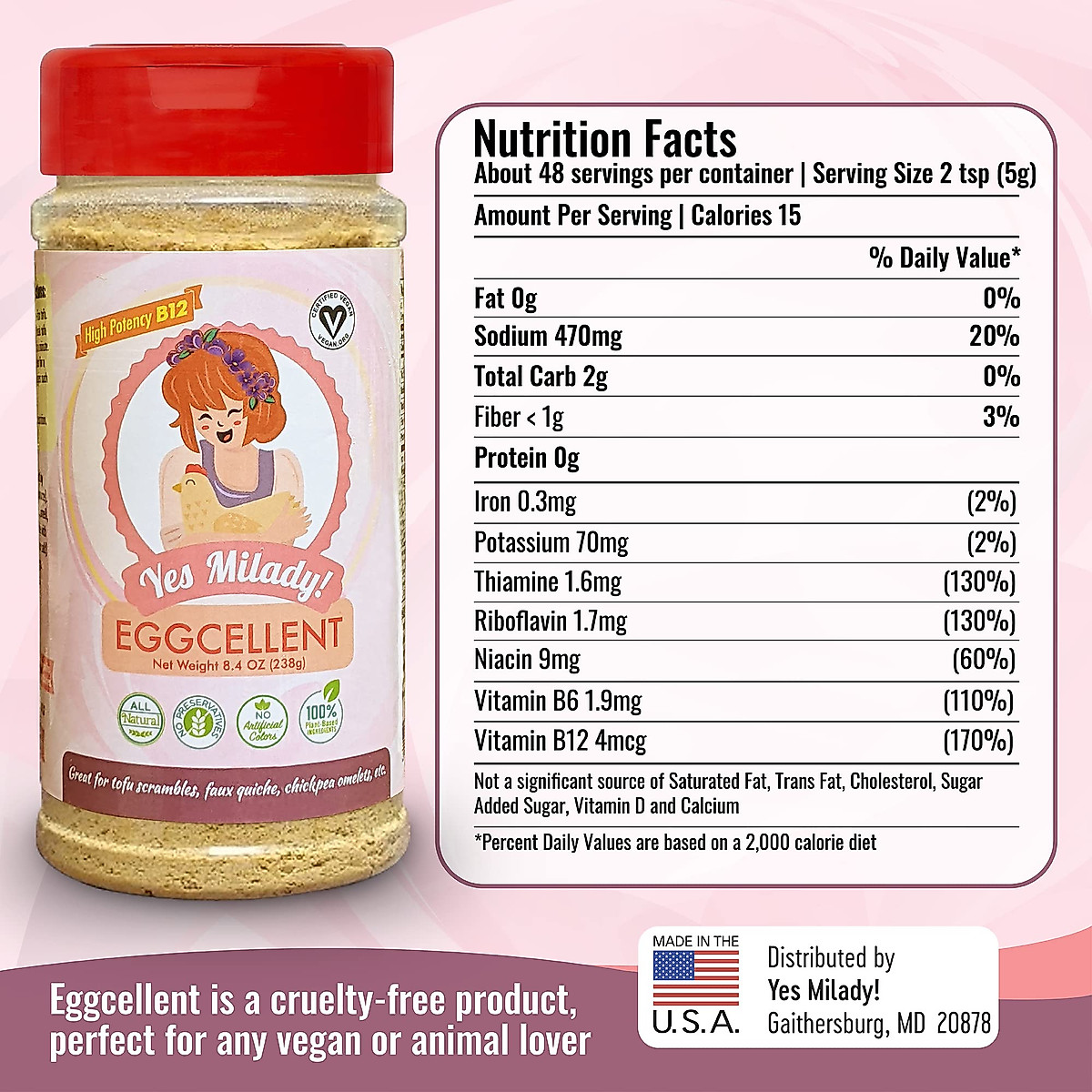 Yes Milady! Eggcellent (8.4oz Ex-Large) Vegan Seasoning and Vitamin B12 Supplement - 100% Natural for Omelets, Quiche, Breakfast Burrito, and Tofu Quick Scramble - Non-GMO and Gluten Free