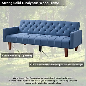 mikibama Tufted Linen Futon Sofa Couch Bed for Living Room Convertible Fabric Blue Upholstered Sleeper Futon Guest Bed Twin Size with Solid Wood Legs for Small Spaces