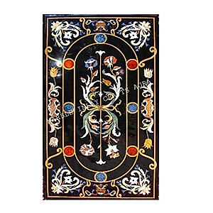 72" X 48" Inch Black Marble Coffee Table Rectangle Hand Made Inlaid With Natural Semiprecious Stones Marquetry