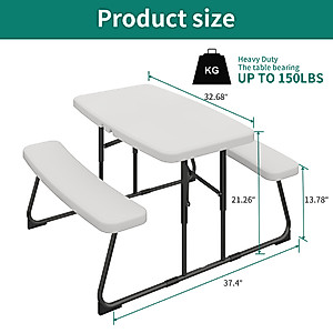 DWVO 37" Picnic Table, Folding Picnic Tables for Outdoors with Weather Resistant Resin Tabletop & Stable Steel Frame for Yard Patio Lawn Party, White