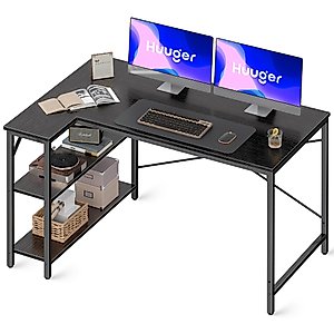 Huuger L Shaped Desk, 47 Inches Computer Desk with Reversible Storage Shelves, Gaming Desk, Corner Desk Home Office Desks, Writing Desk Study Desk with Metal Frame, Black