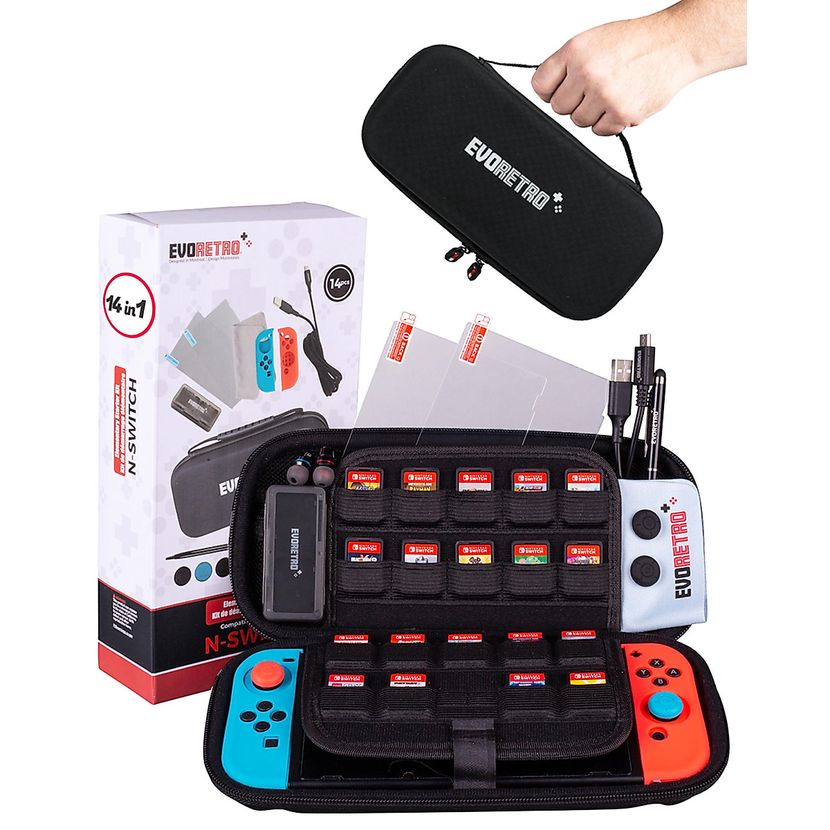 Starter Kit Accessories 14 pcs - Complete Bundle Set Compatible for Nintendo Switch Case Gaming Console