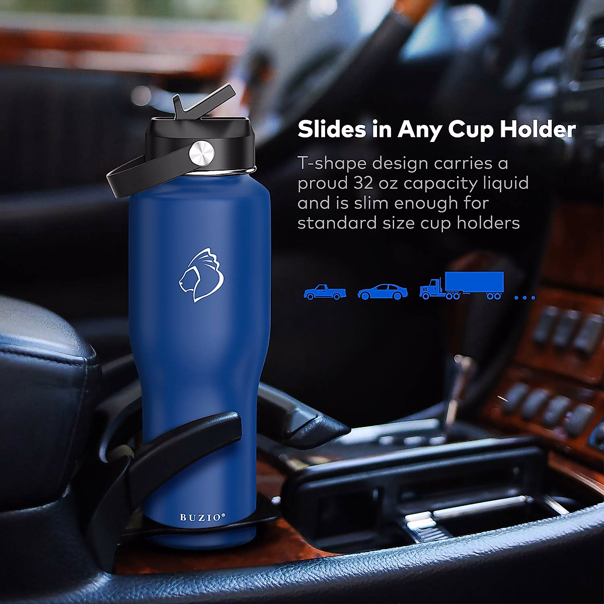 BUZIO Stainless Steel Water Bottle Vacuum Insulated (Cold for 48 Hrs, Hot for 24 Hrs), Cobalt 32oz Tumbler Travel Flask with Straw Lid and Flex Cap, Fit in Any Car Cup Holder