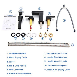 PerPaiMe Matte Black Waterfall Bathroom Faucet, 8-Inch, 2 Handles, 3-Hole, Metal Pop-Up Drain, 60cm Supply Line, 2-3/8 Inch Clearance