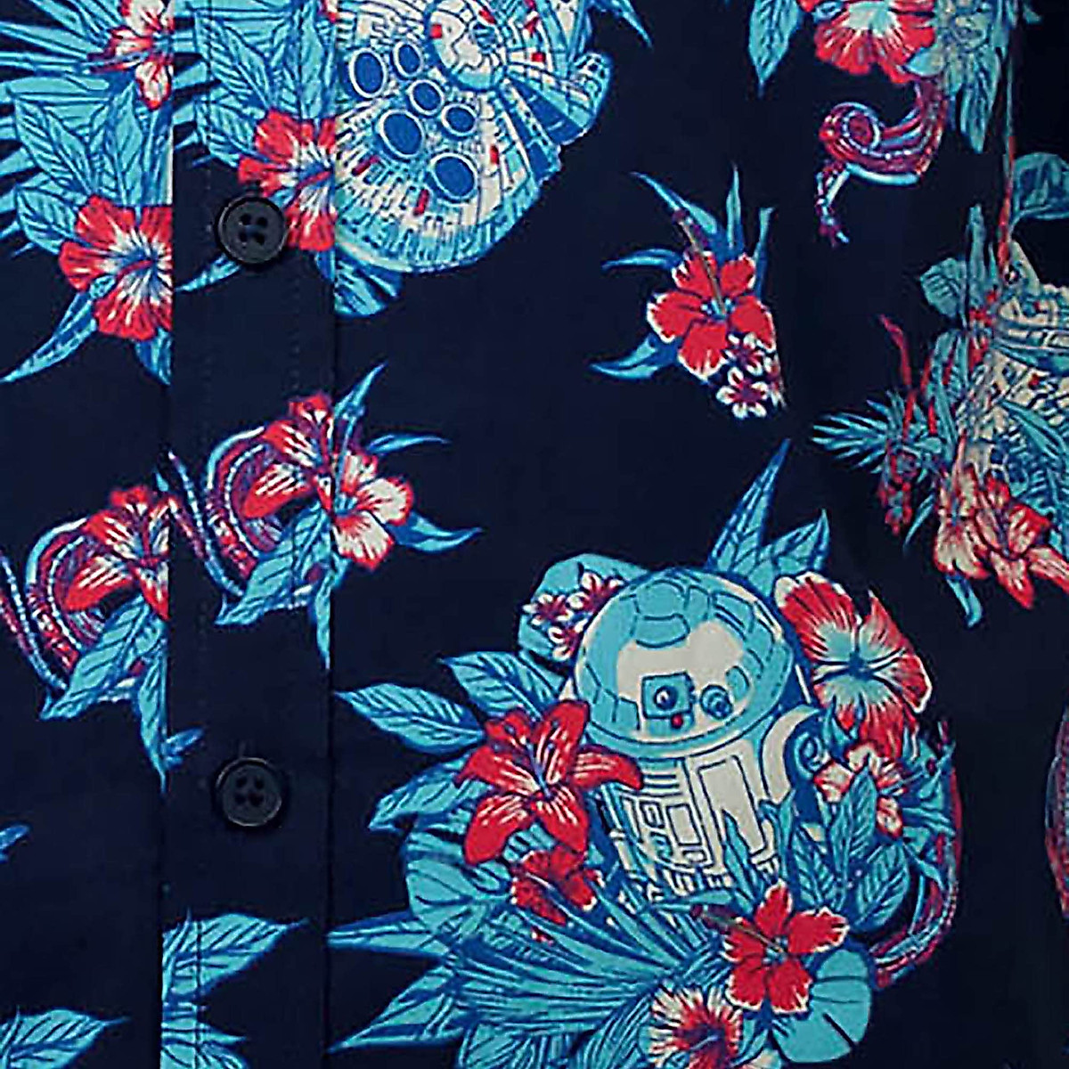 STAR WARS Men's R2-D2 and Millennium Falcon Hawaiian Print Button Down Shirt - Navy - X Large