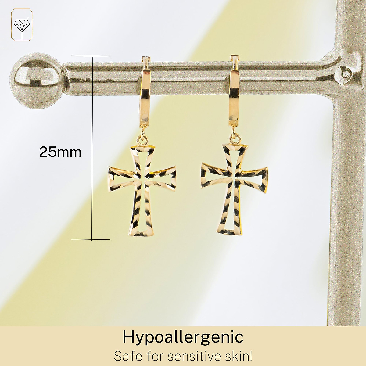 MAX + STONE 14k Yellow Gold Small Huggie Dangle Hoop Earrings for Women with Diamond Cut Cross 10mm