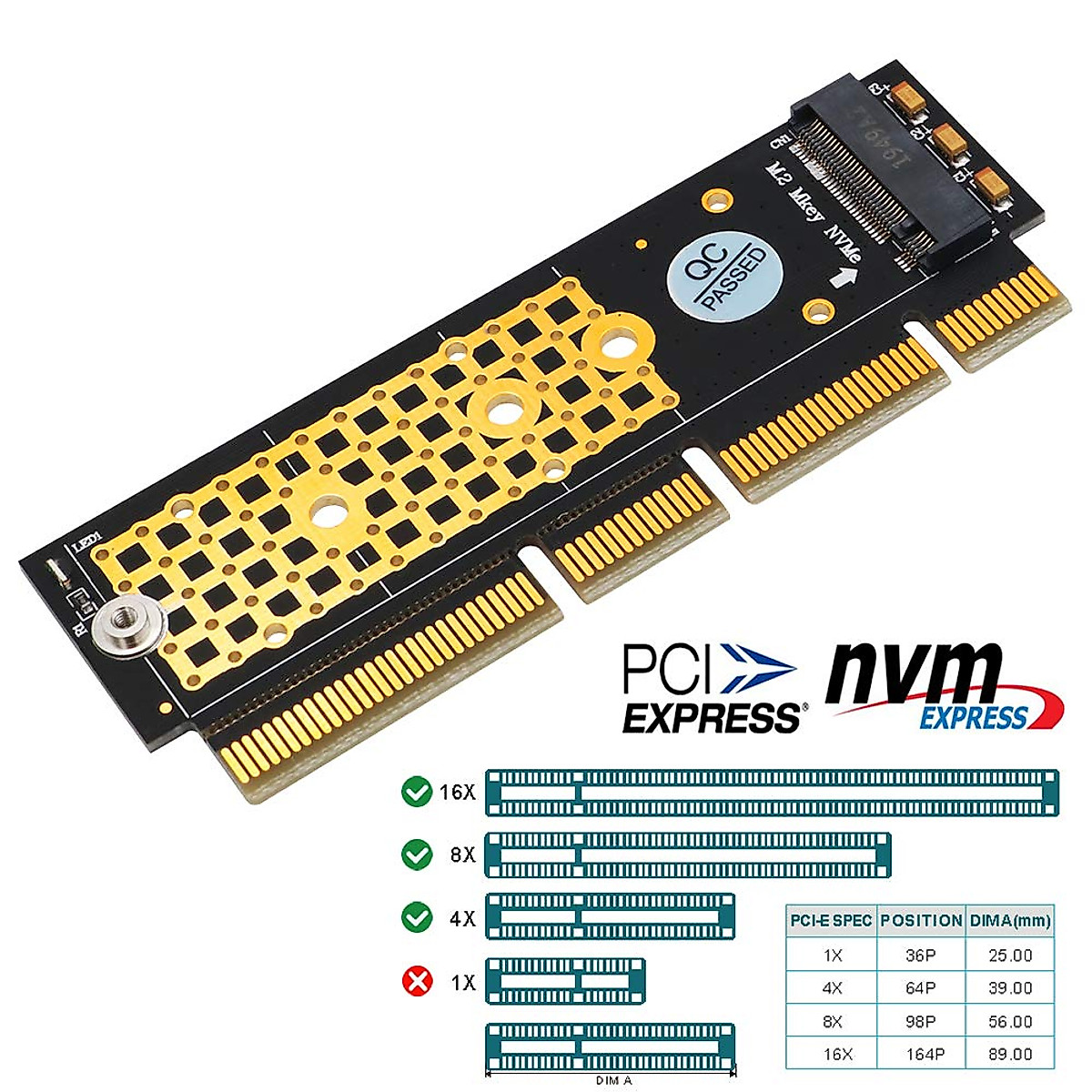M.2 NGFF NVMe SSD to PCIE 3.0 X16/X8/X4 Adapter with heatsink for 1U/2U Server and Low Profile PC