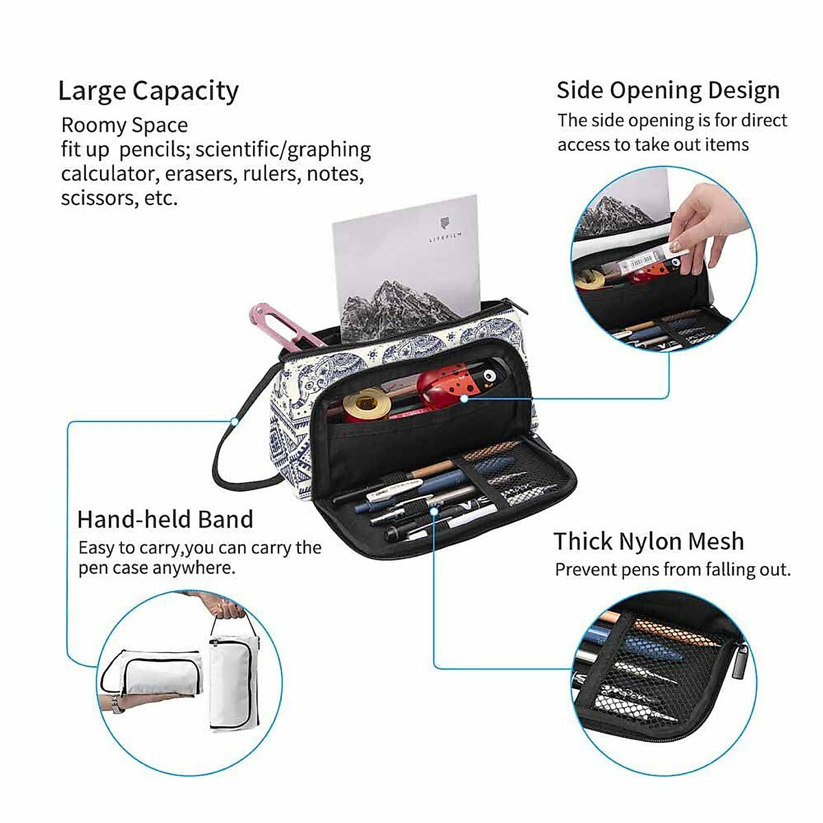 Nicokee Elephant Pencil Case Ethnic African Aztec Tribal Pencil Pouch Cosmetic Bag for School Office Travel