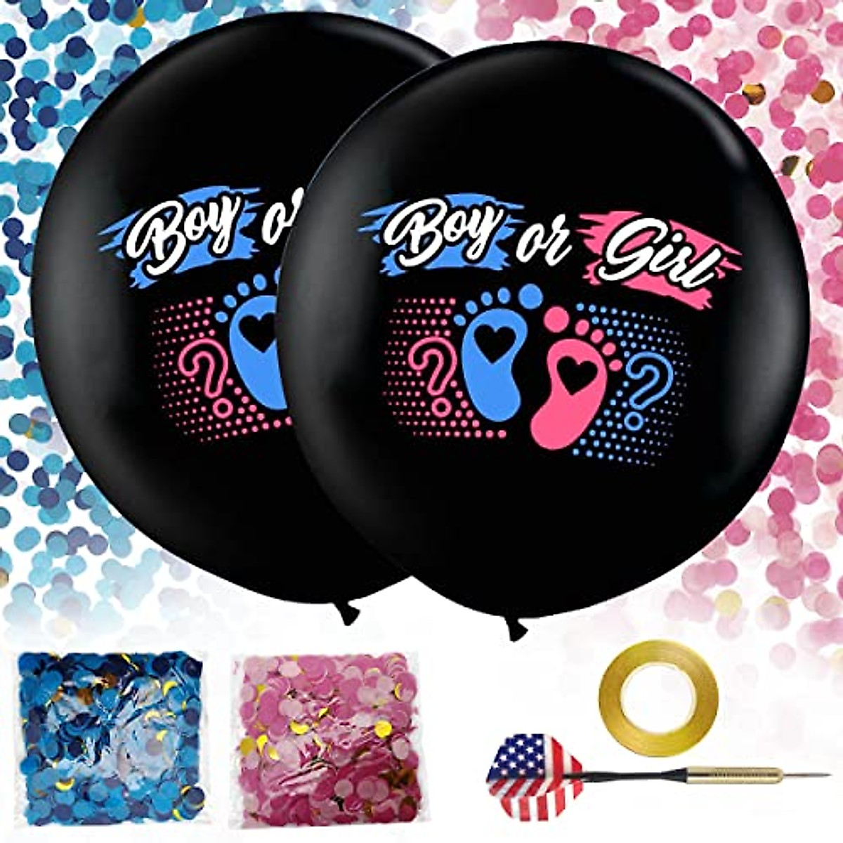 Lopeastar Gender Reveal Balloons Boy or Girl with Confetti and Dart, 2Pack 36inch Large Black Balloons Blue Pink for Gender Reveal Party Decoration