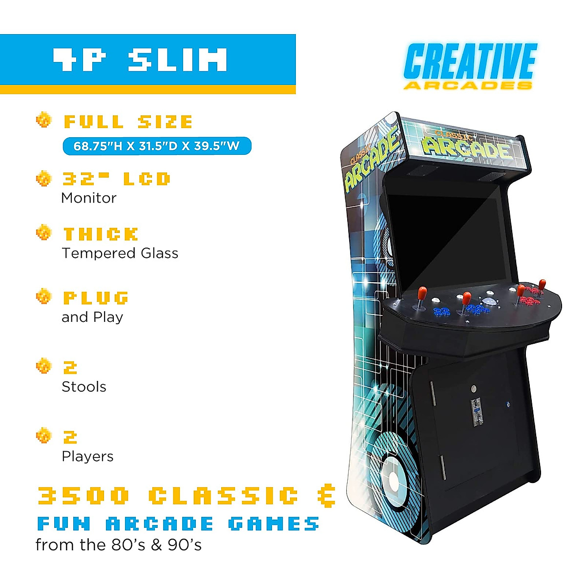 Creative Arcades Slim Full Size Stand-Up Commercial Grade Arcade Machine | 4 Player | 3500 Games | 32" LCD Screen | 4 Sanwa Joysticks | Trackball | 2 Stools Included | 3 Year Warranty