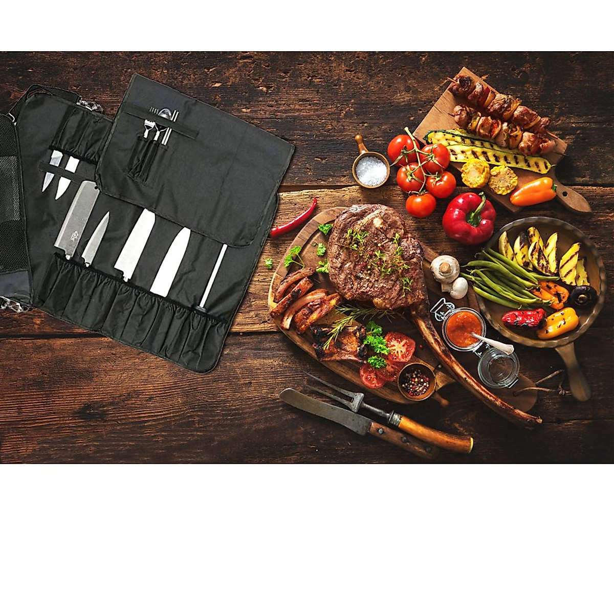 HERSENT Knife Roll, Chef Knife Roll Bag With 17 Slots Can Holds13 Knives,1 Meat Cleaver, And 3 Utensil Pockets,Durable Knife Case With Handle, Shoulder Strap & Zippered Mesh Pocket Holder