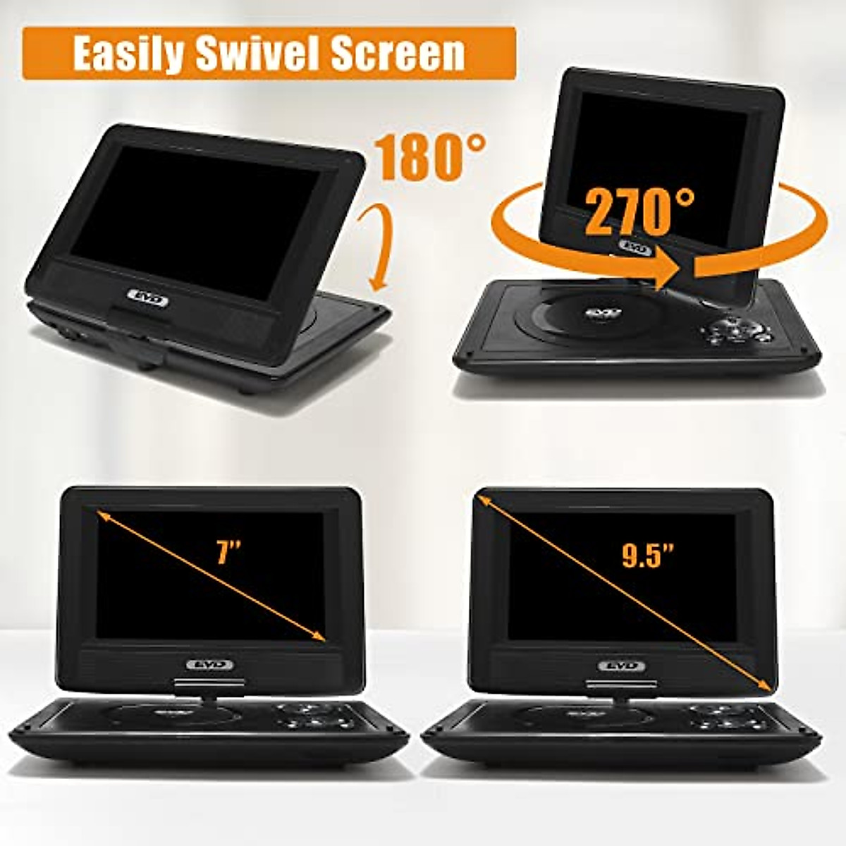 SQQBZZ 7" Portable DVD Player for Kids and Car, Support DVD/VCD/SD Card/USB, Remote Control, Car Charger, Power Adaptor (Black)