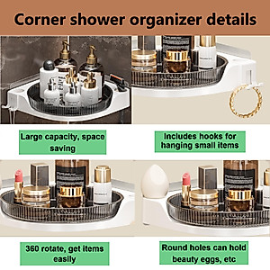KOUHTIKA 360 Rotating Makeup Organizer Corner Spinning Bathroom Organizer 1 Pack Corner Shower Rack with Hooks for Perfume Lotion Skincare Organizer Countertop Kitchen Storage(Clear)