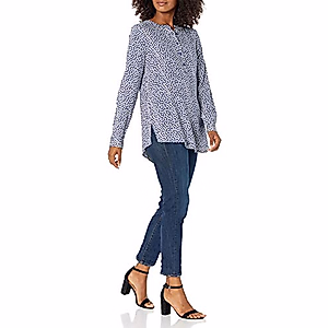 Amazon Essentials Women's Long-Sleeve Woven Blouse, Navy/White, Large
