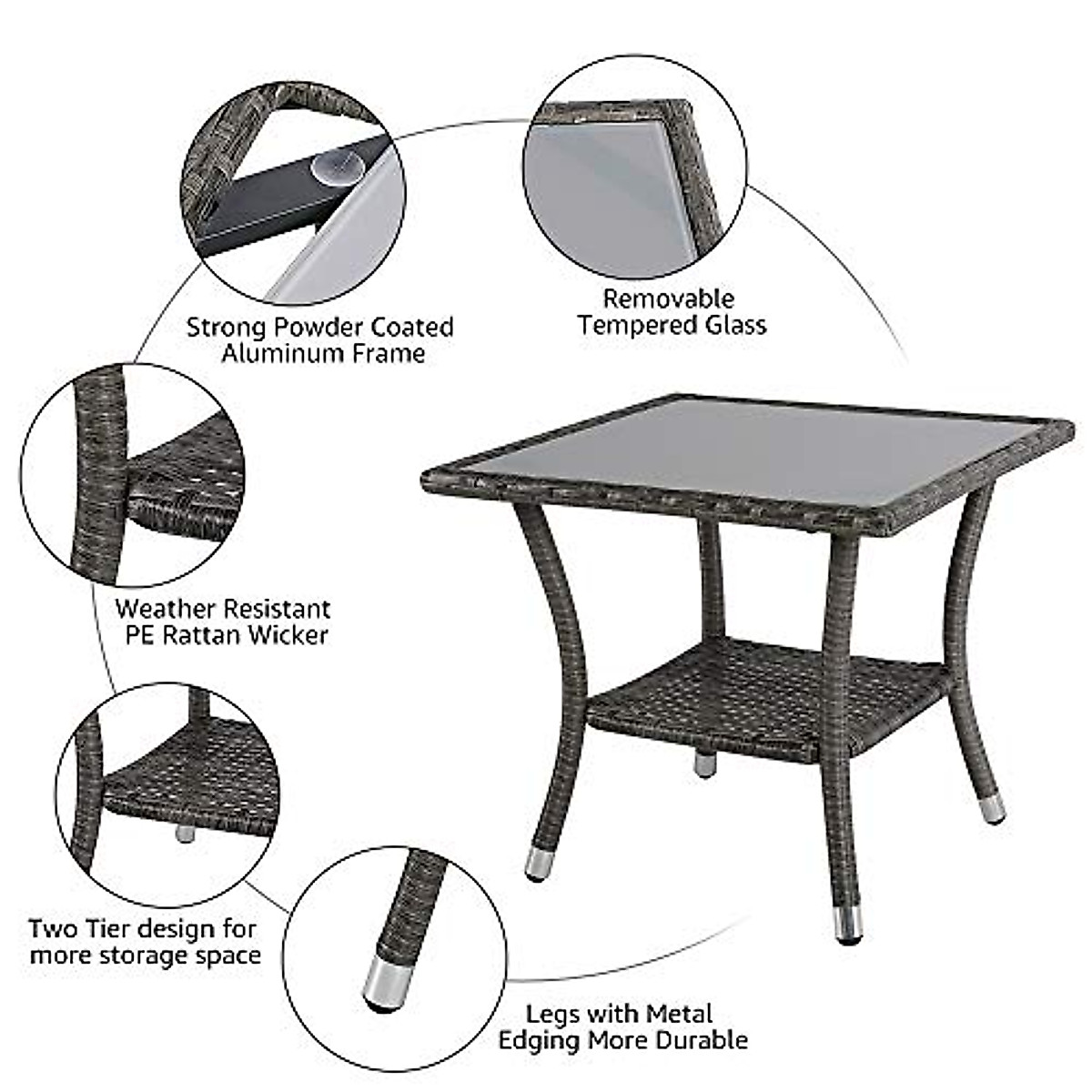 Verano Garden Outdoor Side Table, 20" Square Wicker End Table, Tempered Glass Top Coffee Table with Storage, Aluminum Frame-Gray
