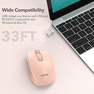 WisFox Bluetooth Mouse, Silent Wireless Mouse Come with 2 Modes (Bluetooth 3.0/5.0 + USB), Multi-Device Portable Cordless Mouse for Laptop, iPad, MacOS, PC, Windows, Android (Pink)