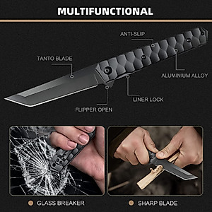 Pocket Knife for Men, Tanto Folding Knives with Clip, Glass Breaker for Emergency, EDC Pocket Knife with 440 Steel Blade & Aluminum Handle for Outdoor Camping, Gifts for Dad (VF006)