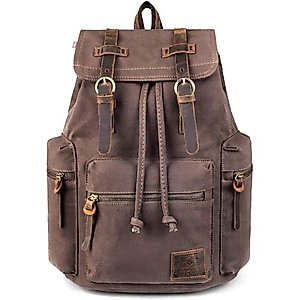 PKUVDSL Canvas Backpack, Series Vintage Leather Rucksack, 15.6’’ Laptop Backpack, Military Satchel Backpack for Men Women Traveling Hiking