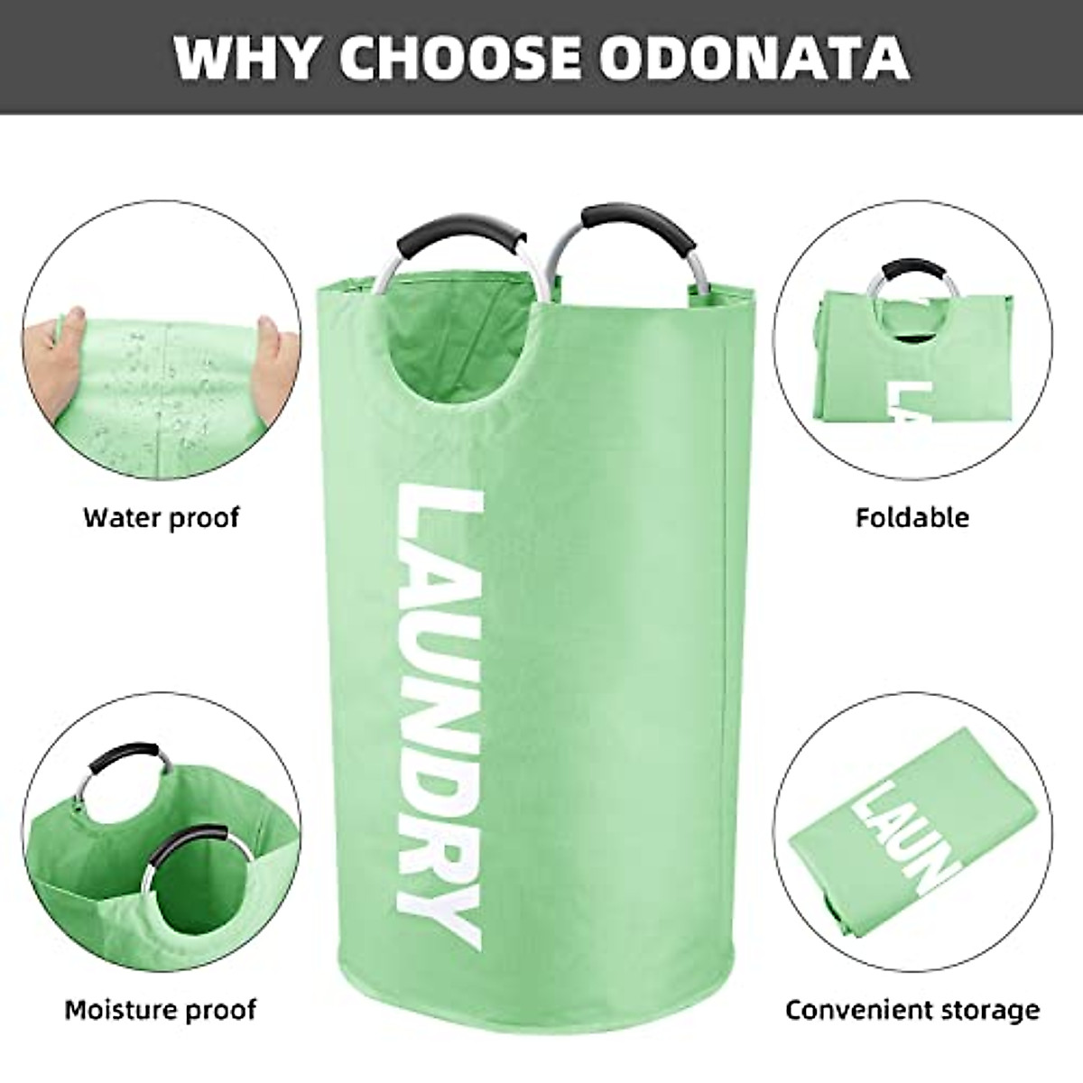 Odonata Large Laundry Basket(7 Colors),Collapsible Fabric Hamper,Tall Foldable Clothes Baskets,Easy Carry Bags, Folding Washing Bin,Hampers for Kids Bedroom,College Dorms.(Light Green,115L)