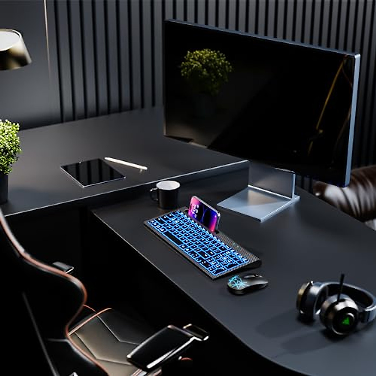 Wireless Keyboard and Mouse, Rechargeable, Adjustable 7 Color Backlight, Ergonomic, Quiet, with Phone Holder, 2.4G Stable Connection Slim Mac Keyboard and Mouse